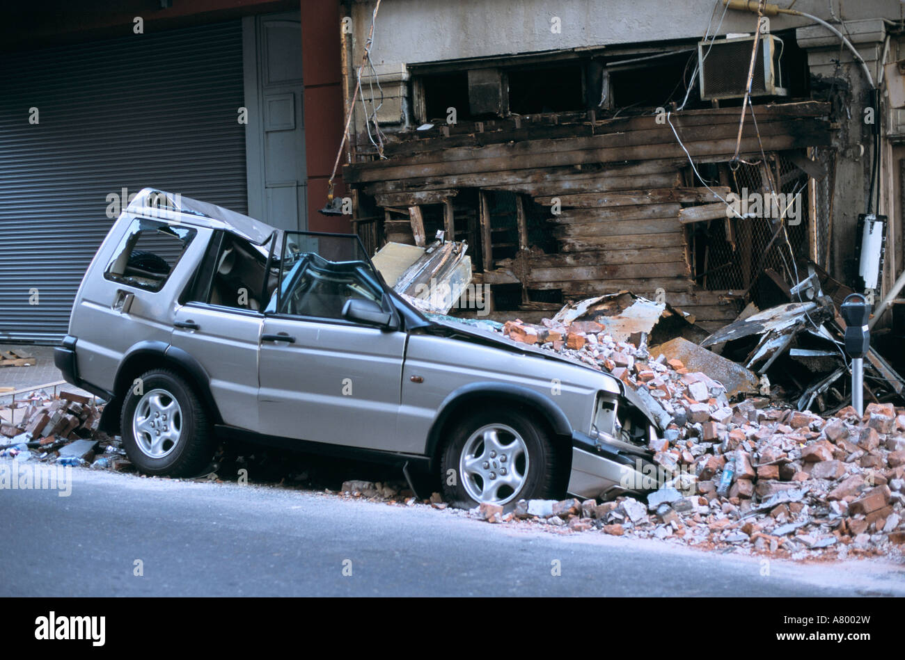 USA, New Orleans, Louisiana - A crushed Land Rover that fell victim ...