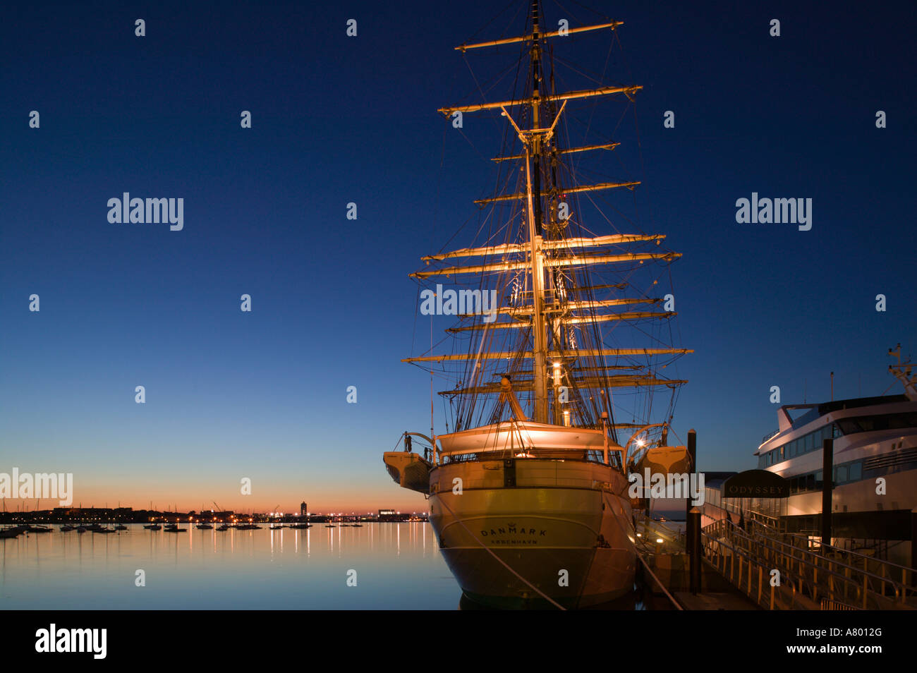 USA, Massachusetts, BOSTON: Tall Ship DANMARK Rowe's Wharf / Dawn Stock ...