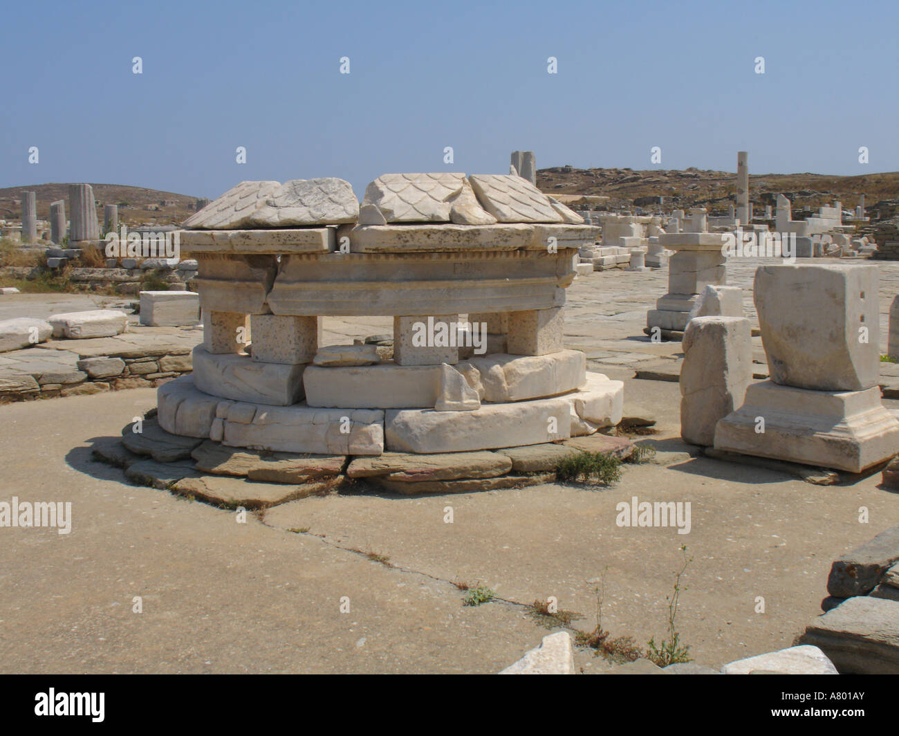 Ruins of ancient city Delos, archeological museum, Delos Island Stock ...