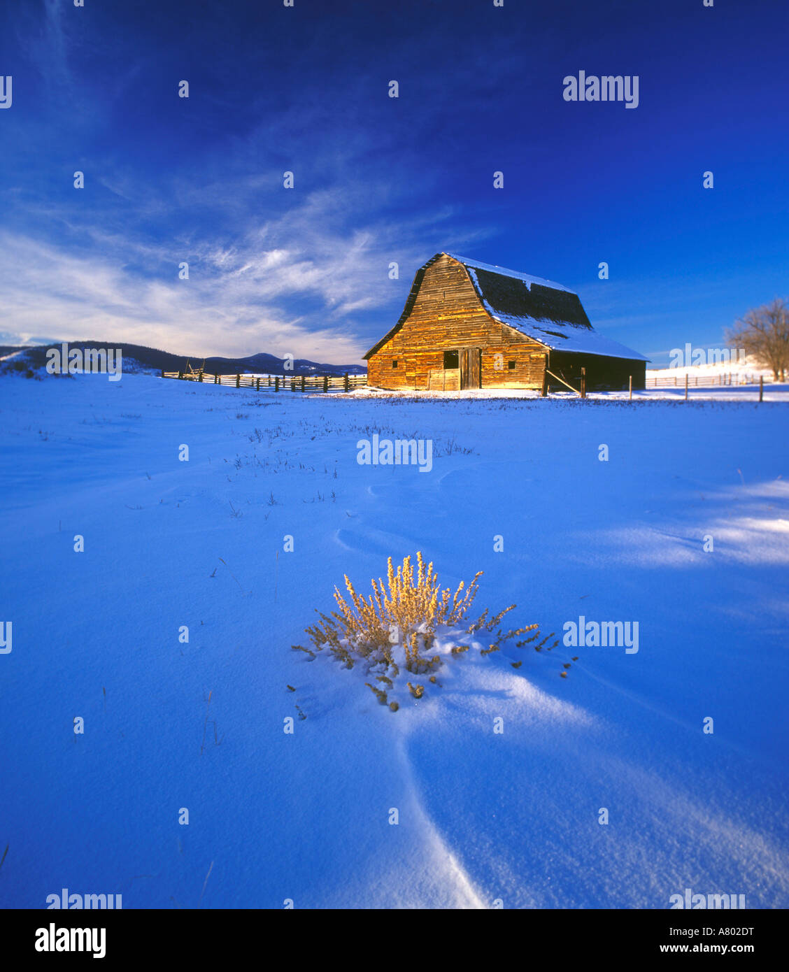 Old Barn in last light in winter near Hot Springs, Montana Stock Photo ...