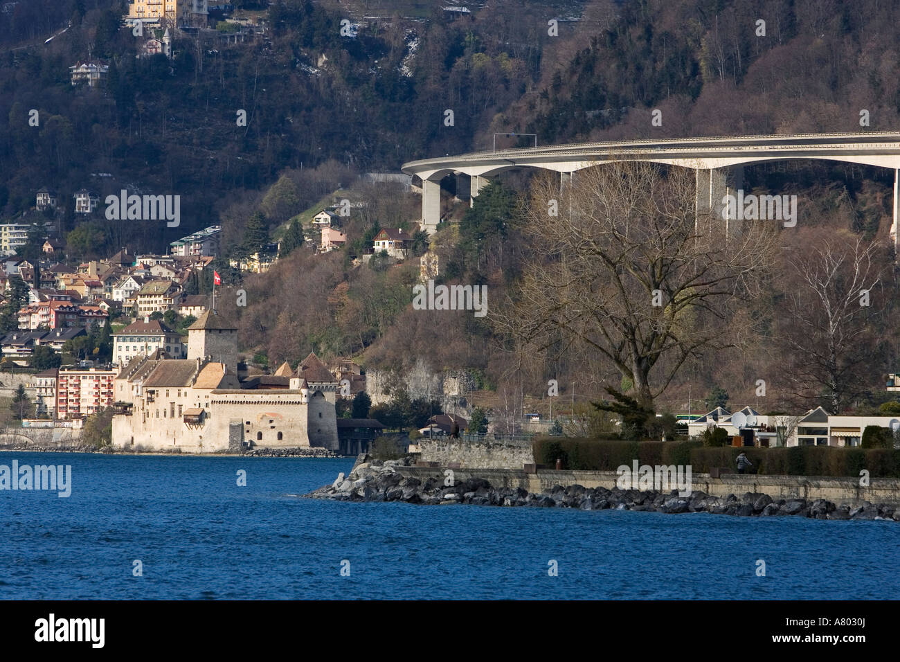 View towards Chillon Castle and the E27 motorway viaduct near Montreux ...