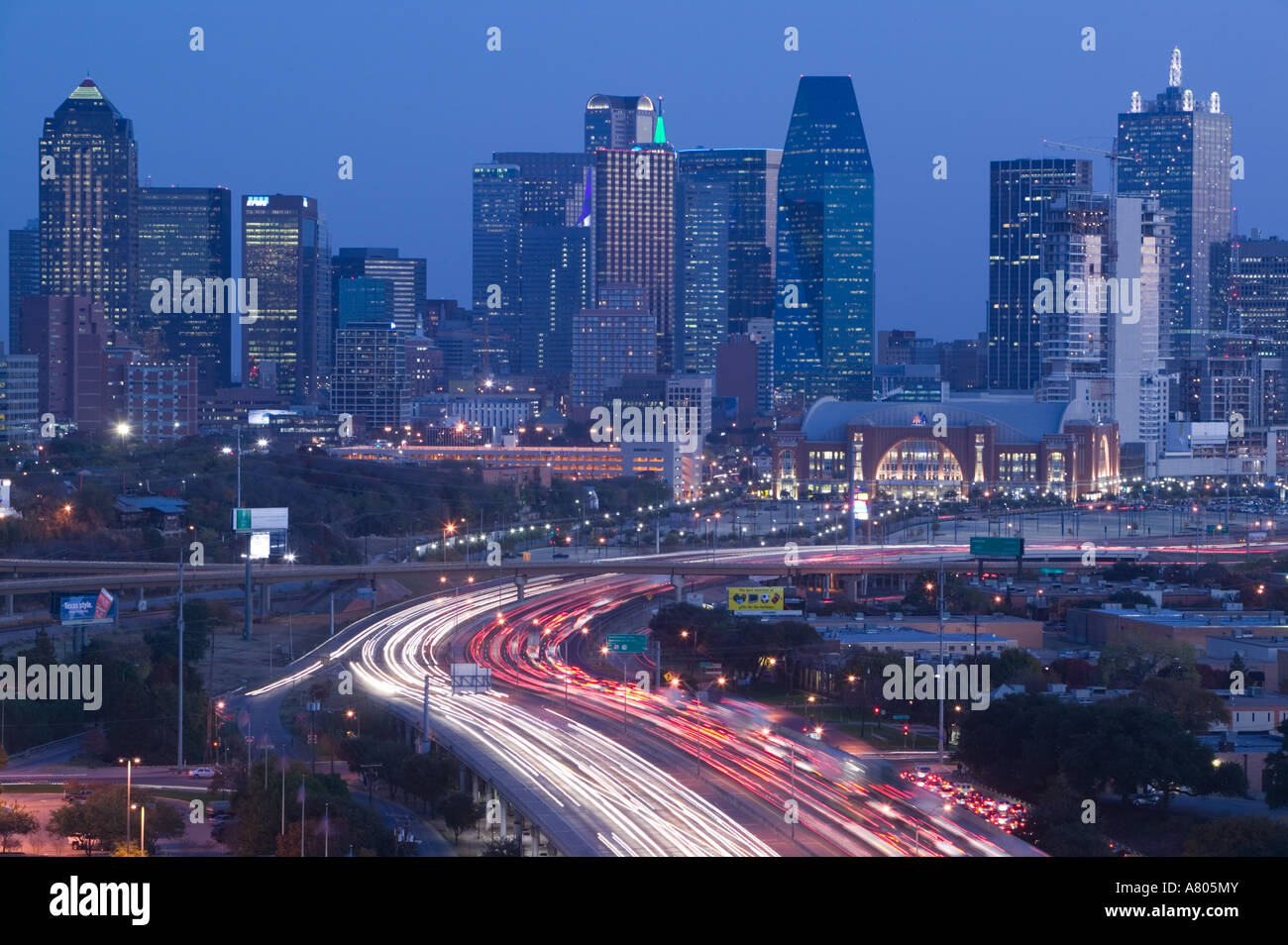 USA, TEXAS, Dallas: Dallas Skyline and Stemmons Freeway (Rt. 35E) from ...