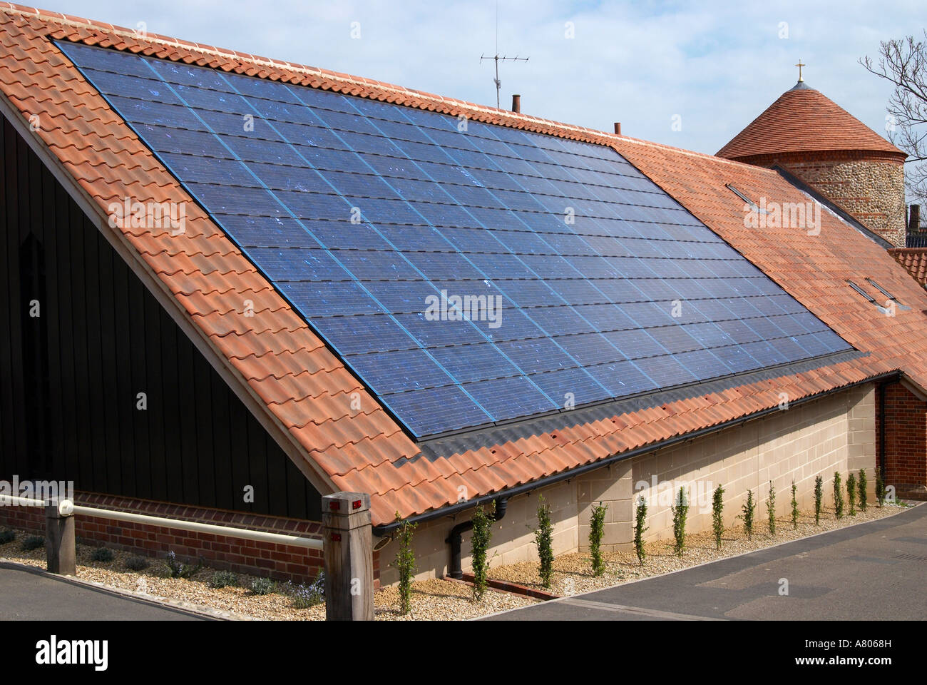Solar panels on the south facing roof of the new Catholic church in ...