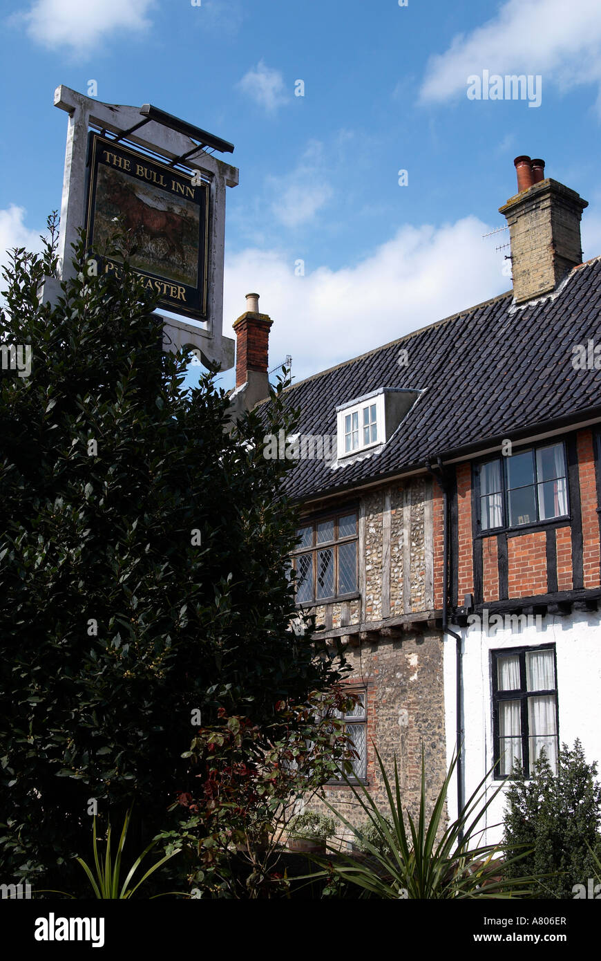 Pub sign and street scene in Little Walsingham, Norfolk, England Stock ...