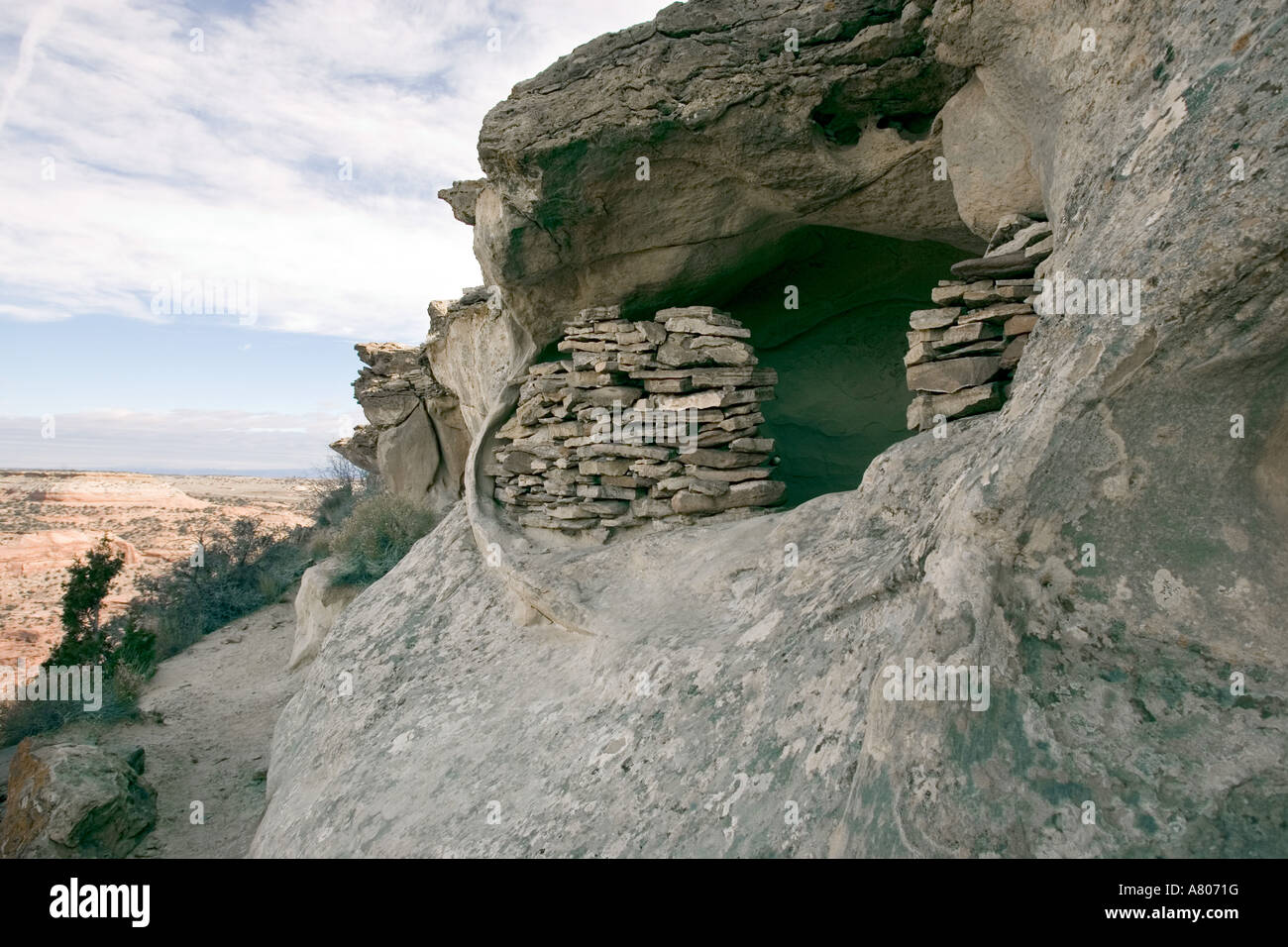 USA, Utah, Canyonlands National Park. Anasazi granary on top of Aztec ...