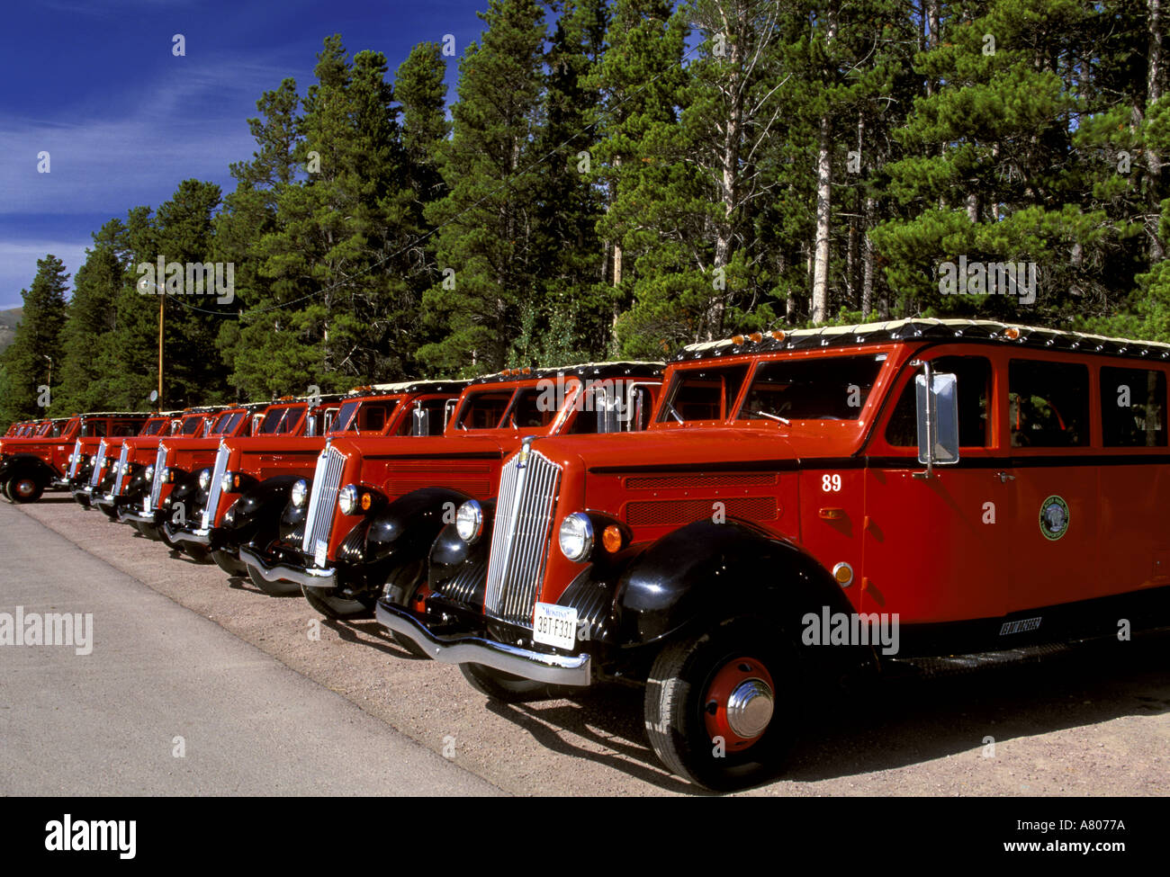 Propane powered tour buses Glacier National Park Montana Stock Photo ...
