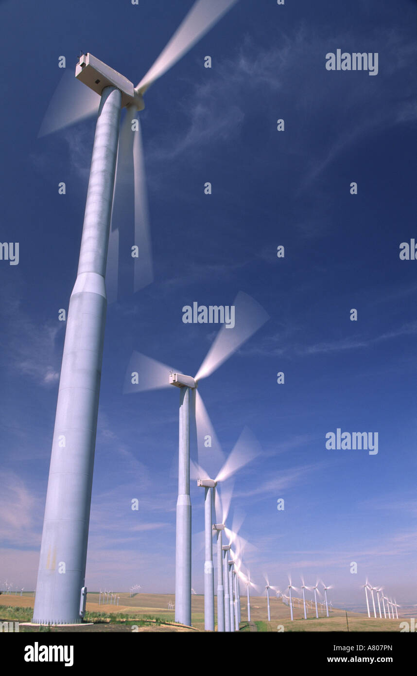 USA, Washington State. Stateline Project's 242ft upwind wind turbines ...