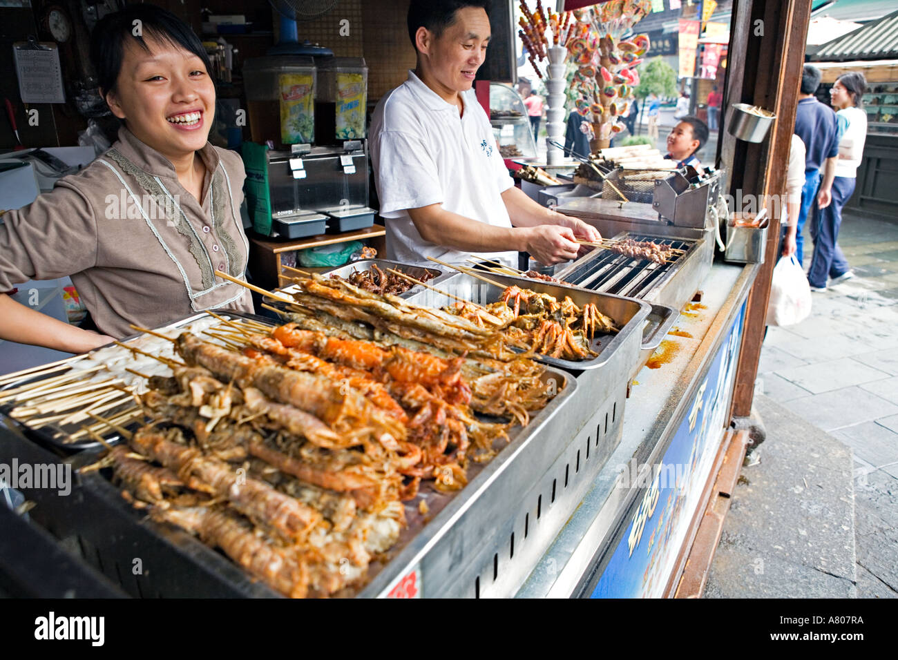 CHINA HANGZHOU Traditional kabobs of various meats seafood and insects ...