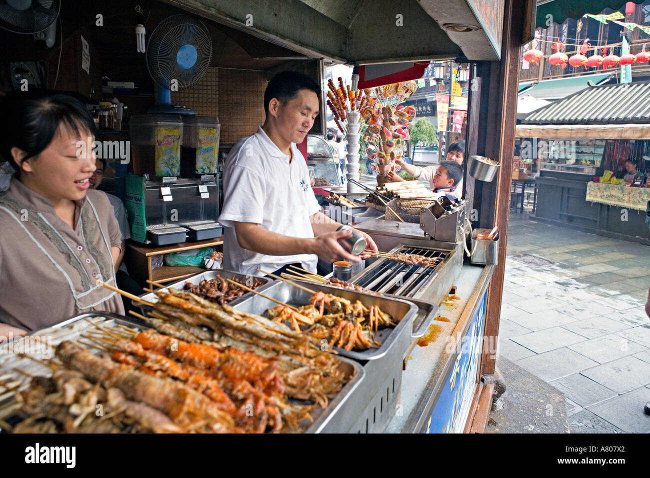 CHINA HANGZHOU Traditional kabobs of various meats seafood and insects ...