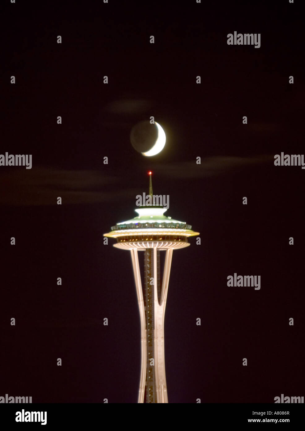 USA, Washington, Seattle, Space Needle and crescent moon Stock Photo ...