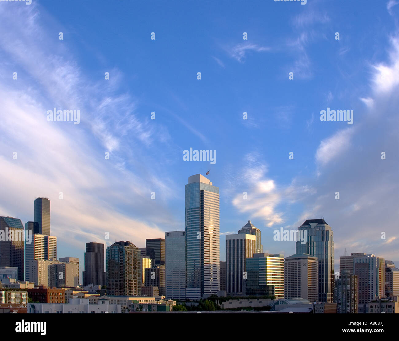 USA, Washington, Seattle. Dramatic clouds over downtown Seattle skyline ...