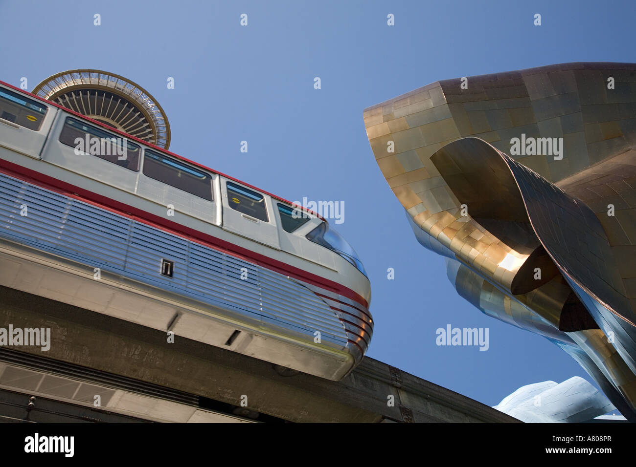 WA, Seattle, Seattle Center, Monorail with the Space Needle and ...