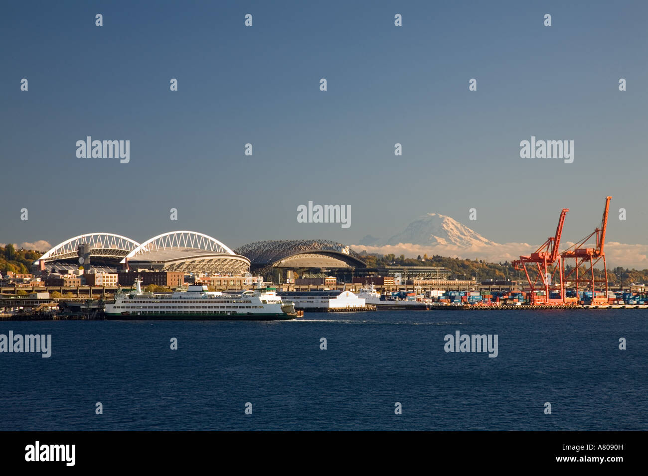 WA, Seattle, Elliott Bay, Qwest and Safeco Fields with Mt. Rainier ...