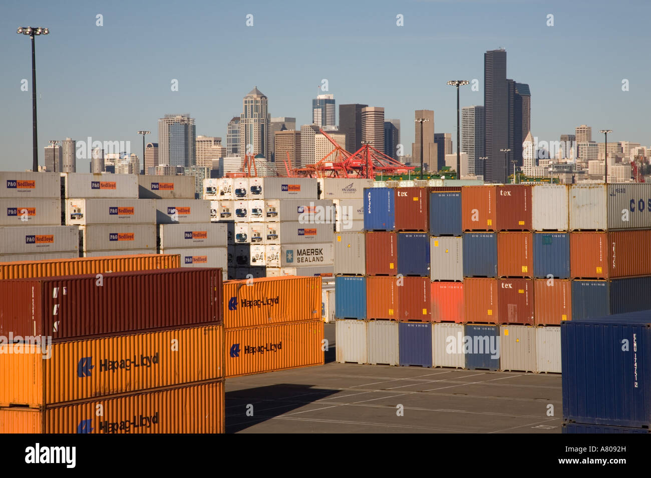 WA, Seattle, Seattle skyline and Harbor Island with shipping containers ...