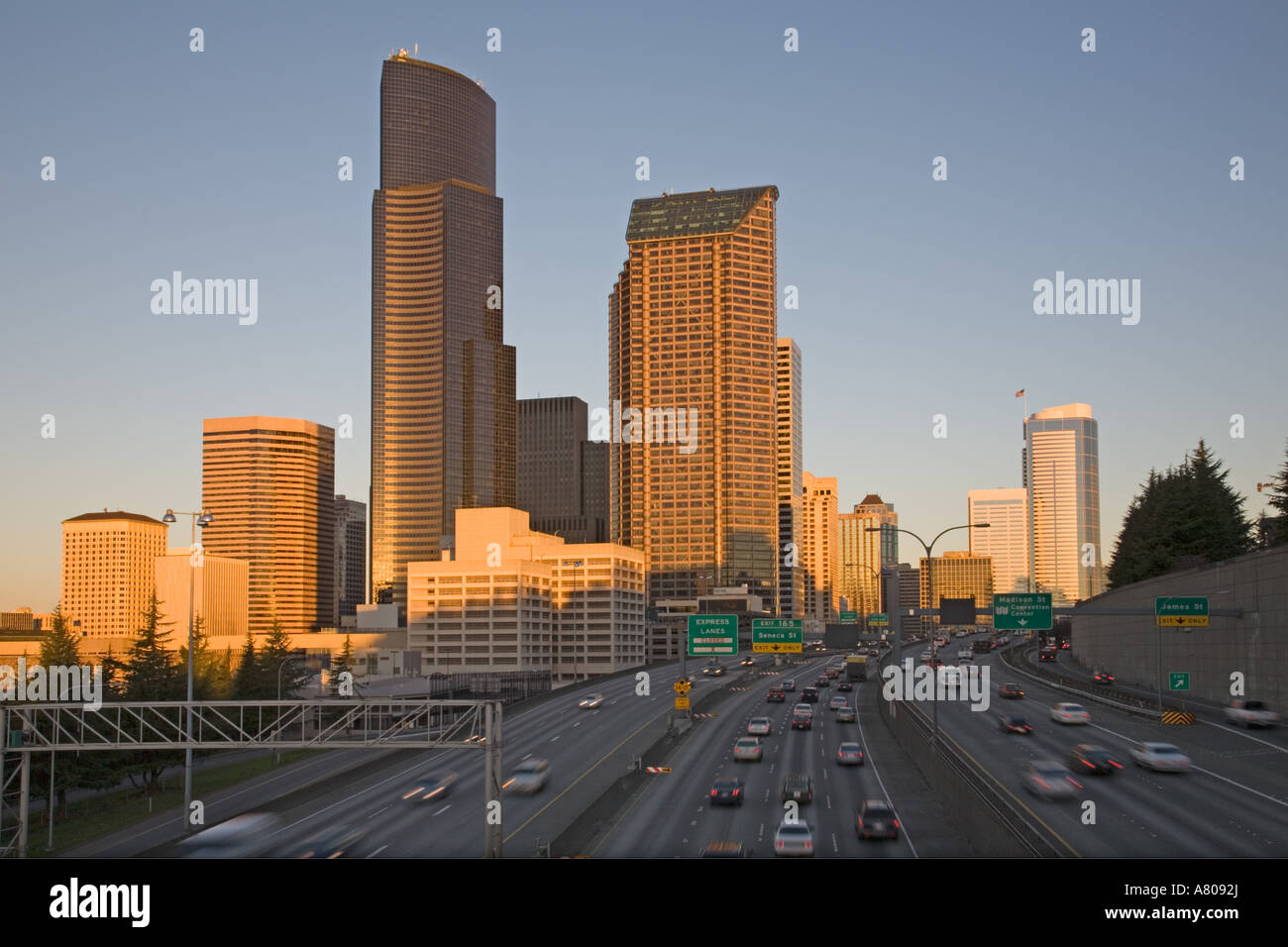 WA, Seattle, Seattle skyline and Interstate 5 from Yesler Way overpass ...