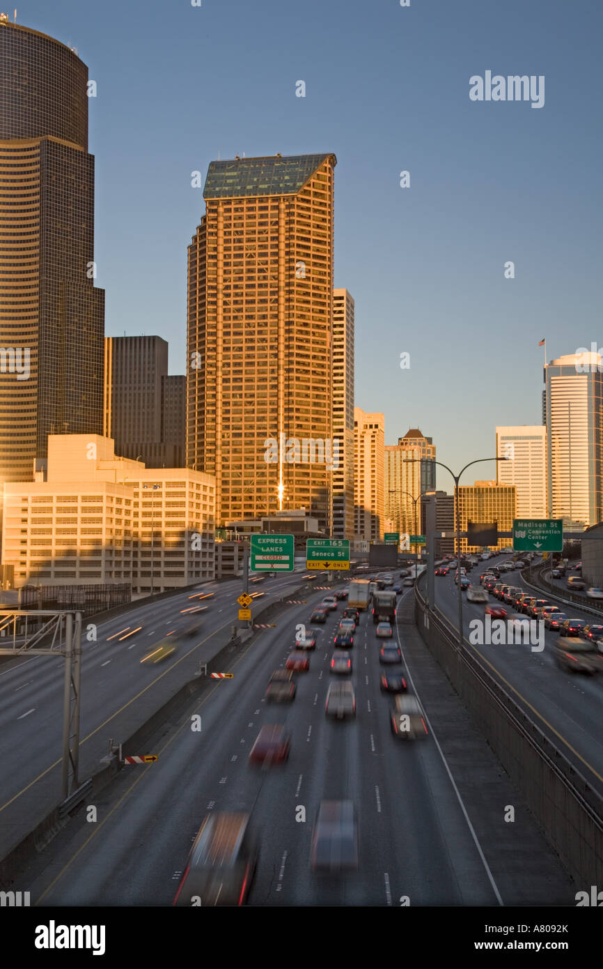 WA, Seattle, Seattle skyline and Interstate 5 from Yesler Way overpass ...