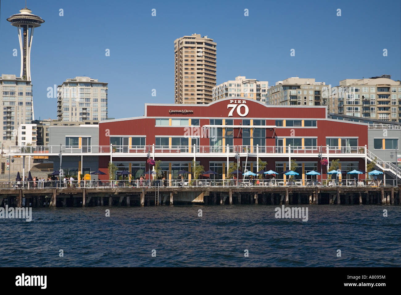 WA, Seattle, Pier 70 and Space Needle from Elliott Bay Stock Photo - Alamy