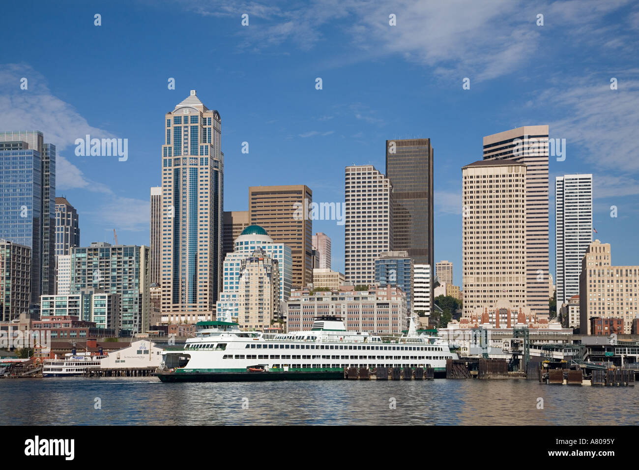 WA, Seattle, Seattle skyline with ferry boat from Elliott Bay Stock ...