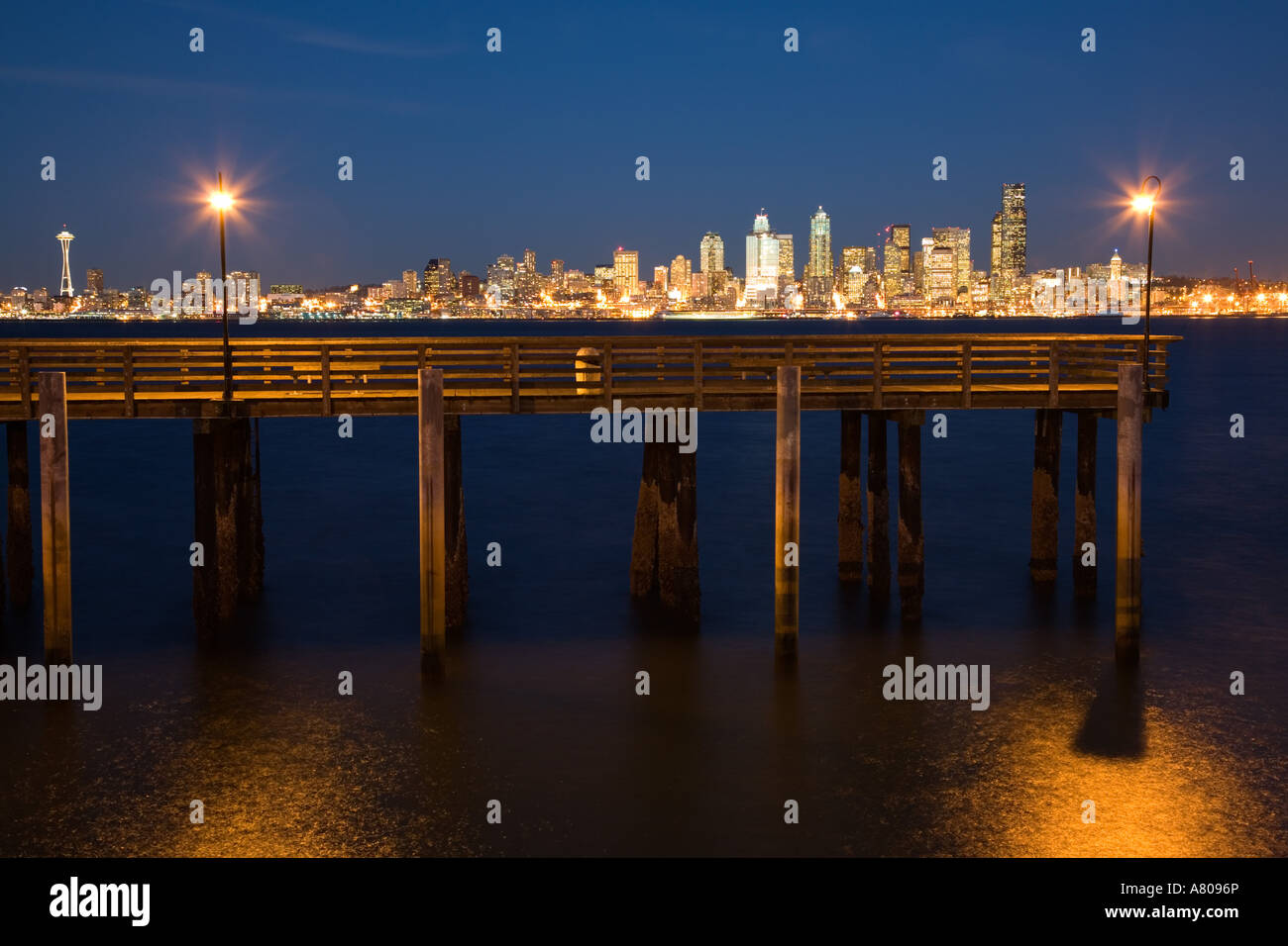 WA, Seattle, Seattle skyline at night & fishing pier, view from ...