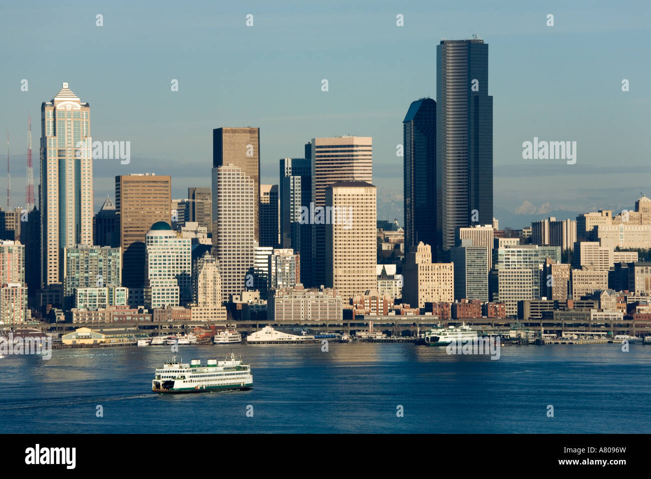 WA, Seattle, Seattle skyline & Elliott Bay with ferry boats, view from ...