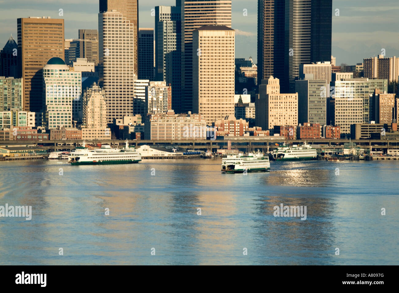 WA, Seattle, Seattle skyline & Elliott Bay with ferry boats, view from ...