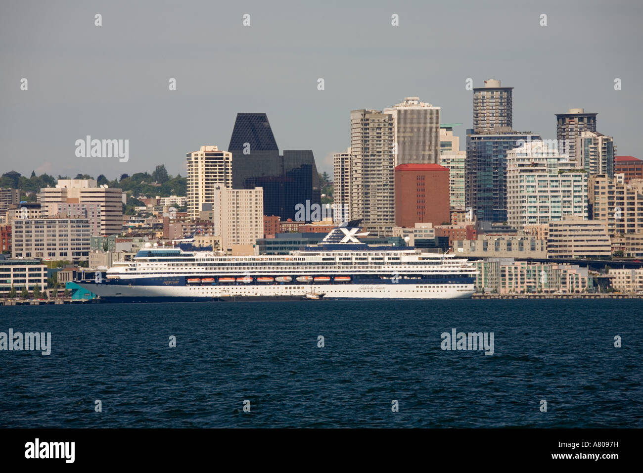 WA, Seattle, Seattle skyline and Elliott Bay with cruise ship, view ...