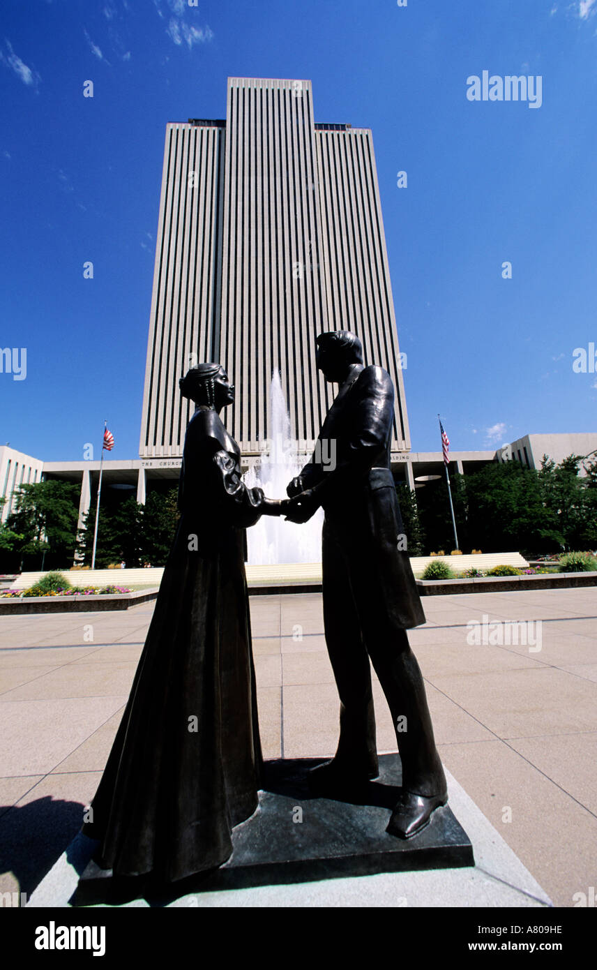 United States, Utah, Salt Lake city, statue of Emma and Joseph Smith ...
