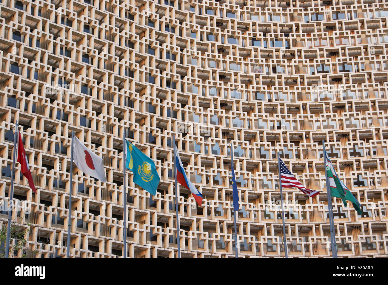 National Flags Outside Soviet Designed Hotel In Tashkent Stock Photo ...