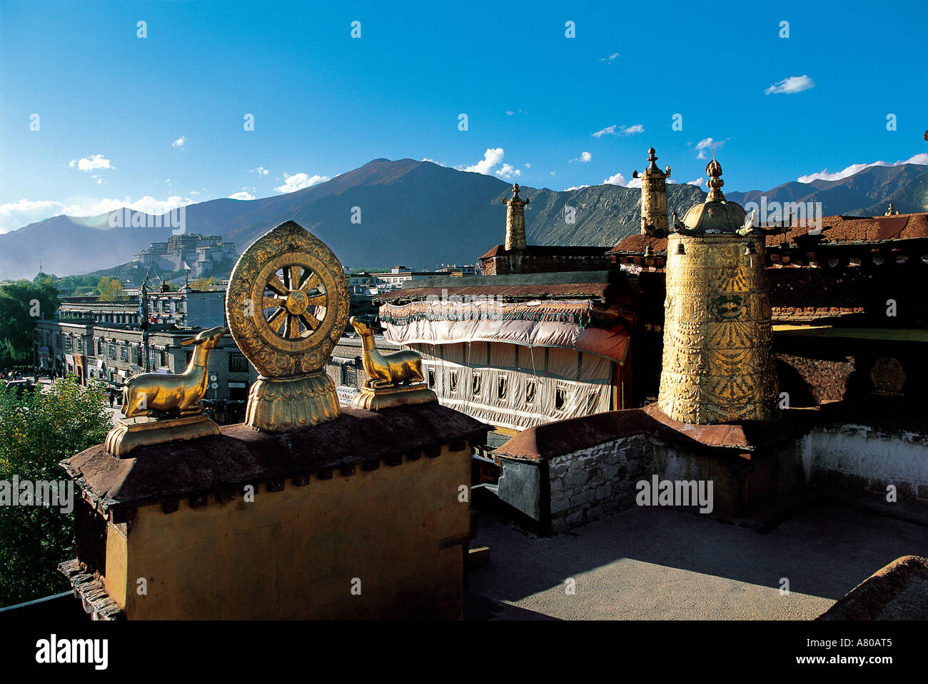 China, Tibet, Lhassa, Dharma wheel on Jokhang temple roofs Stock Photo ...