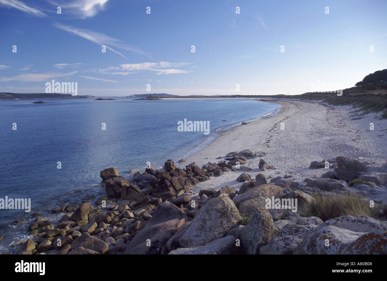The beach at Pentle Bay on the island of Tresco in the Isles of Scilly ...