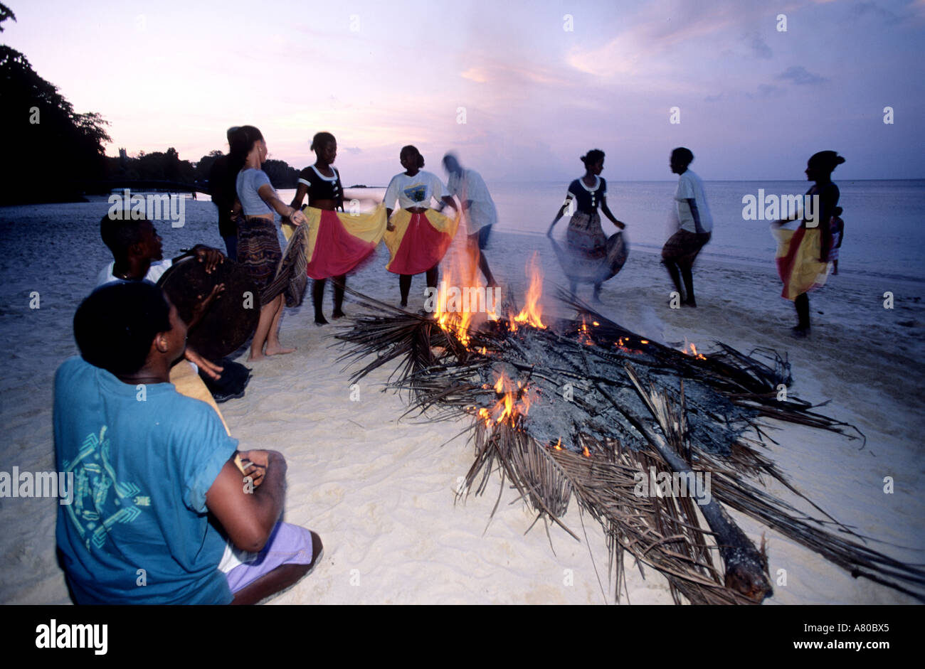 Seychelles, Moutia, dance and music on the beach with goatskin drums ...