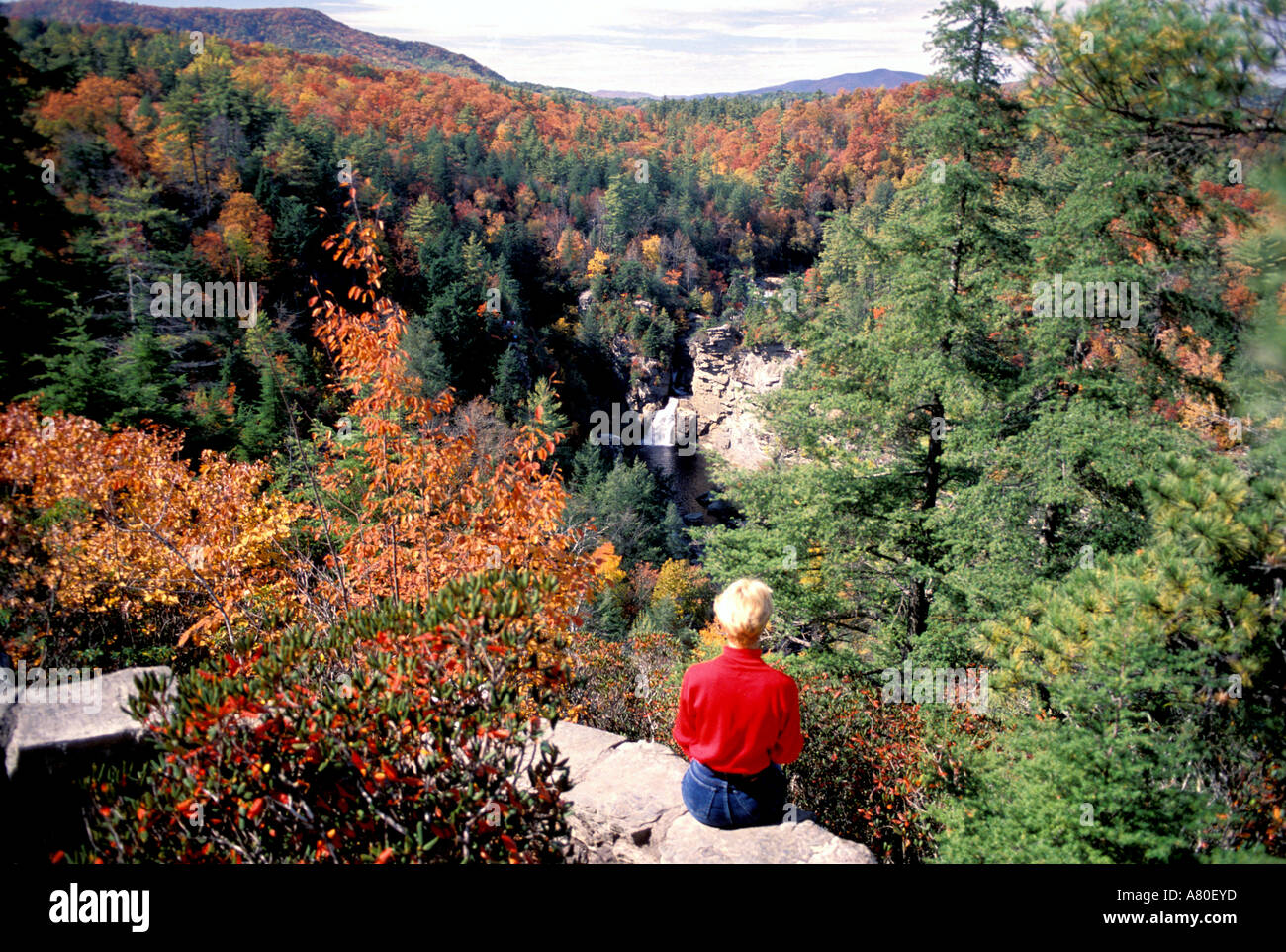 Fall Colors autumn woman linville falls nc Stock Photo - Alamy
