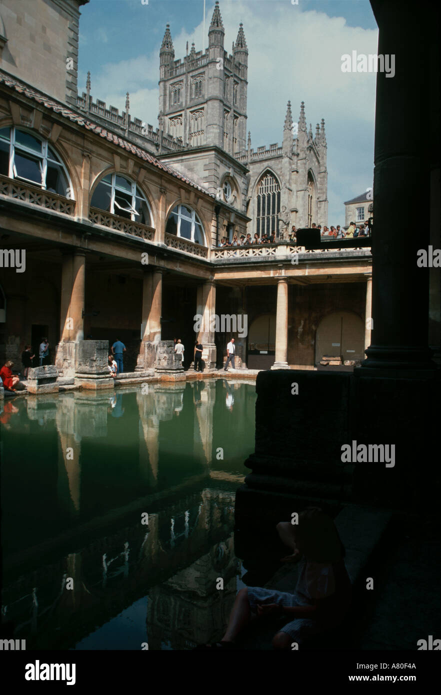 The Great Bath from lower terrace with Bath Cathedral in background ...