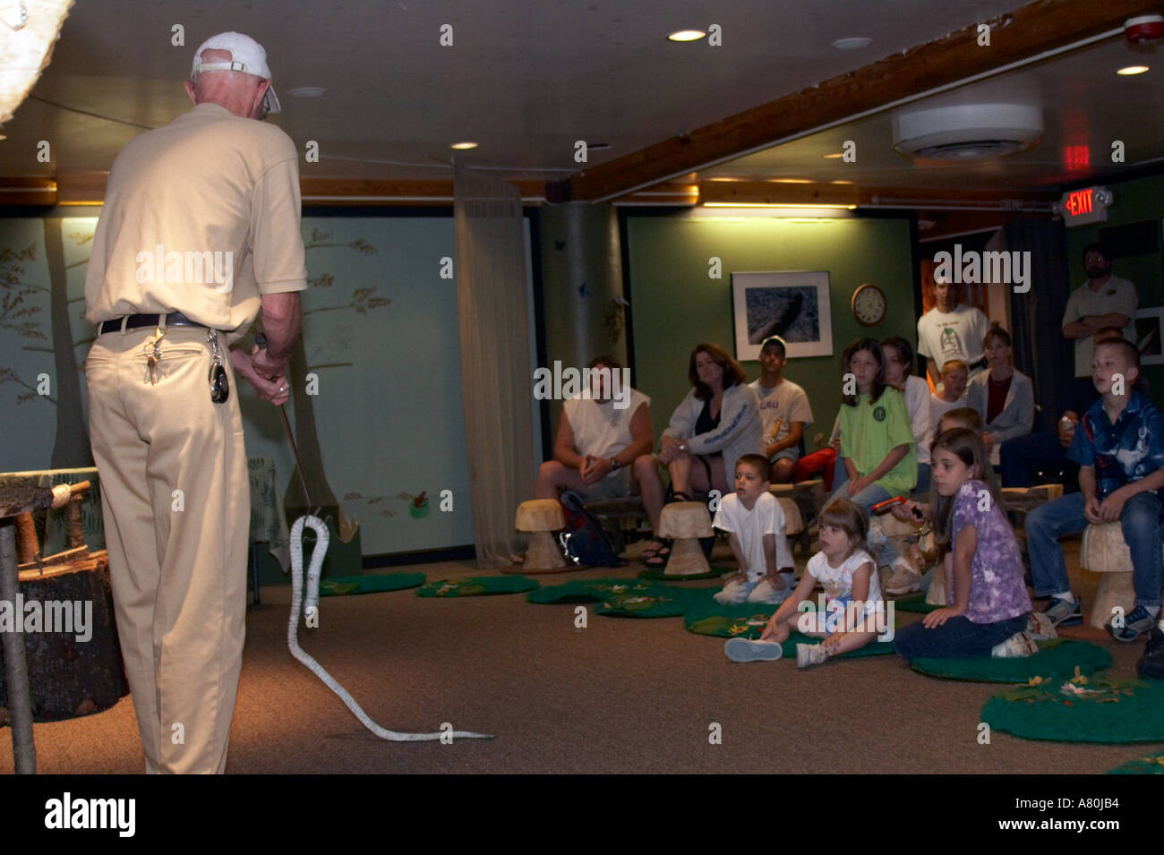 Naturalist snake handler demonstrating techniques to children in a ...