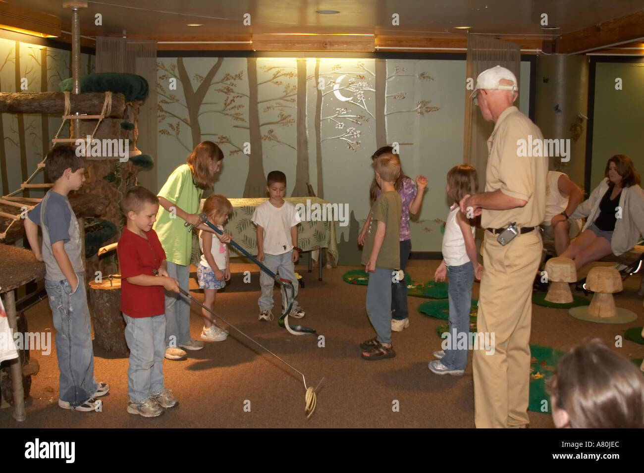 Naturalist snake handler demonstrating techniques to children in a ...