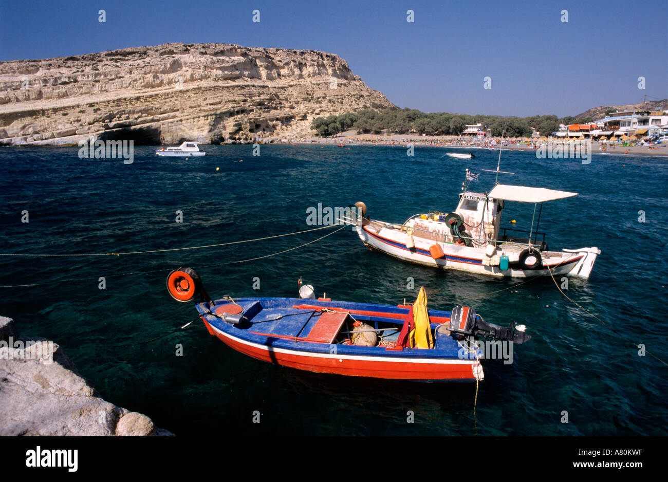 Greece, Island of Crete, Matala beach and its grottos where a lot of ...