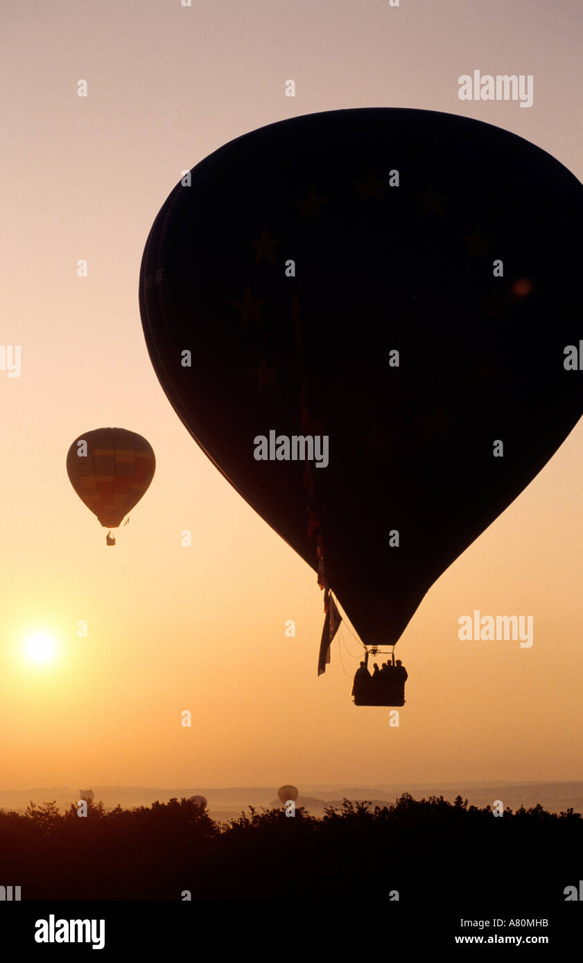 Luxembourg, flight of hot air balloons in forest (aerial view Stock ...