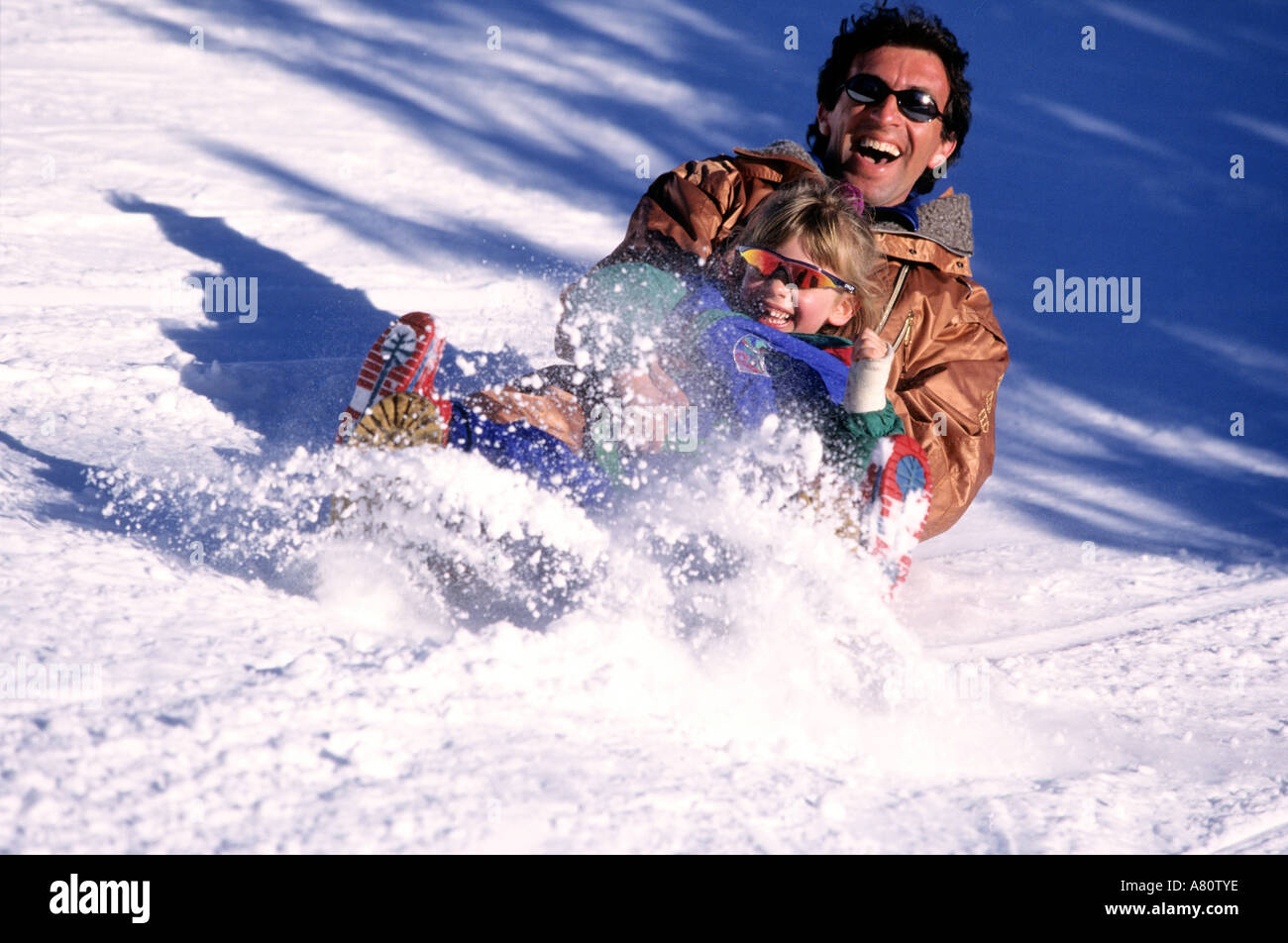 France, Savoie, downhill sledge in Valmorel ski resort (Model Release ...