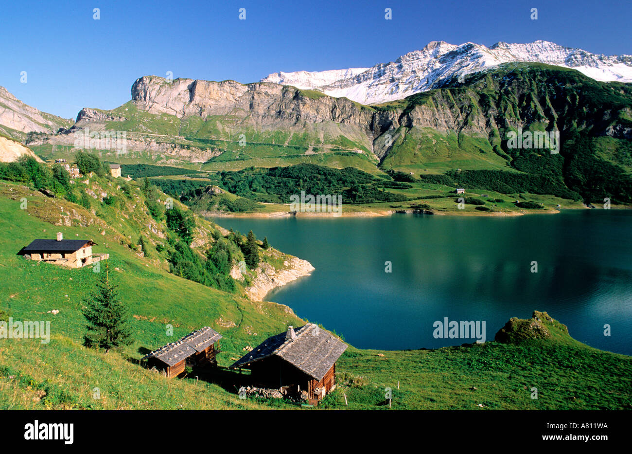 France, Savoie, Roselend dam, at the bottom of the Mont Blanc massif ...