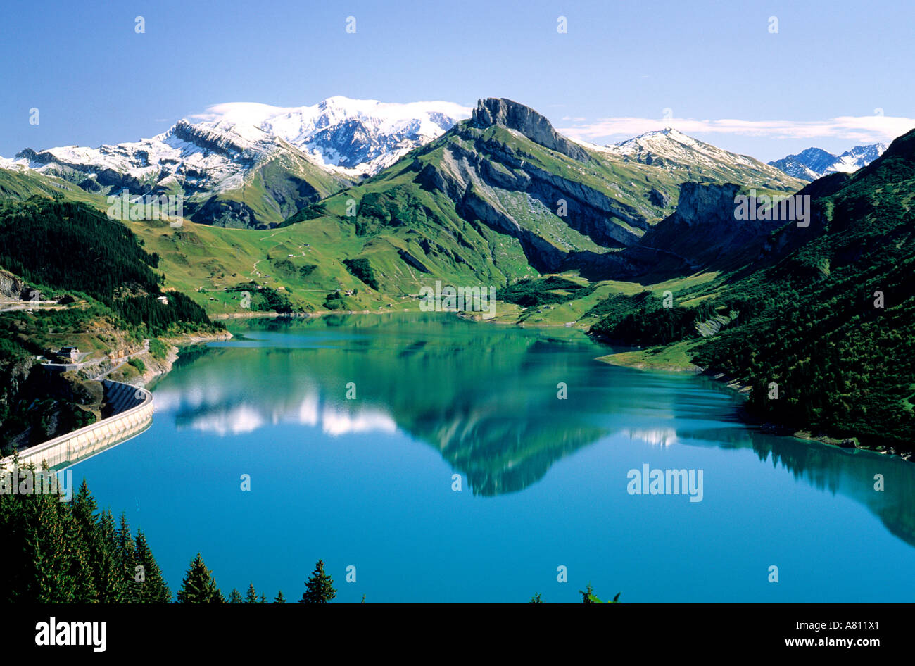 France, Savoie, Roselend dam, at the bottom of the Mont Blanc massif ...