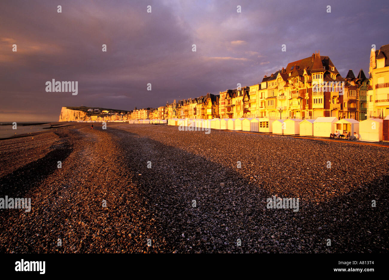 France, Somme, Mers les Bains, sea front and pebble beach at sunset ...