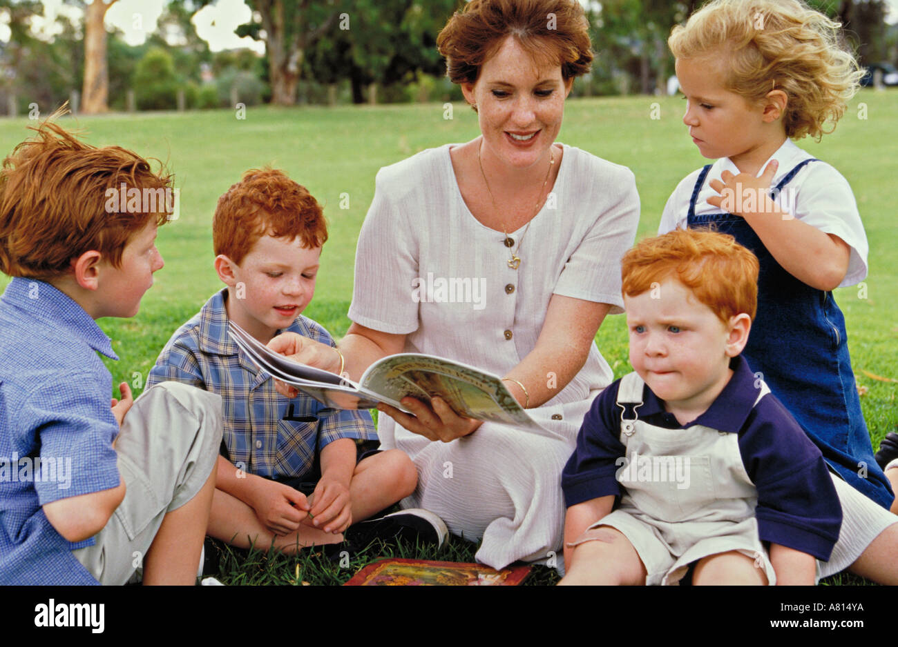 mother and four children sitting on a meadow reading a book Stock Photo ...