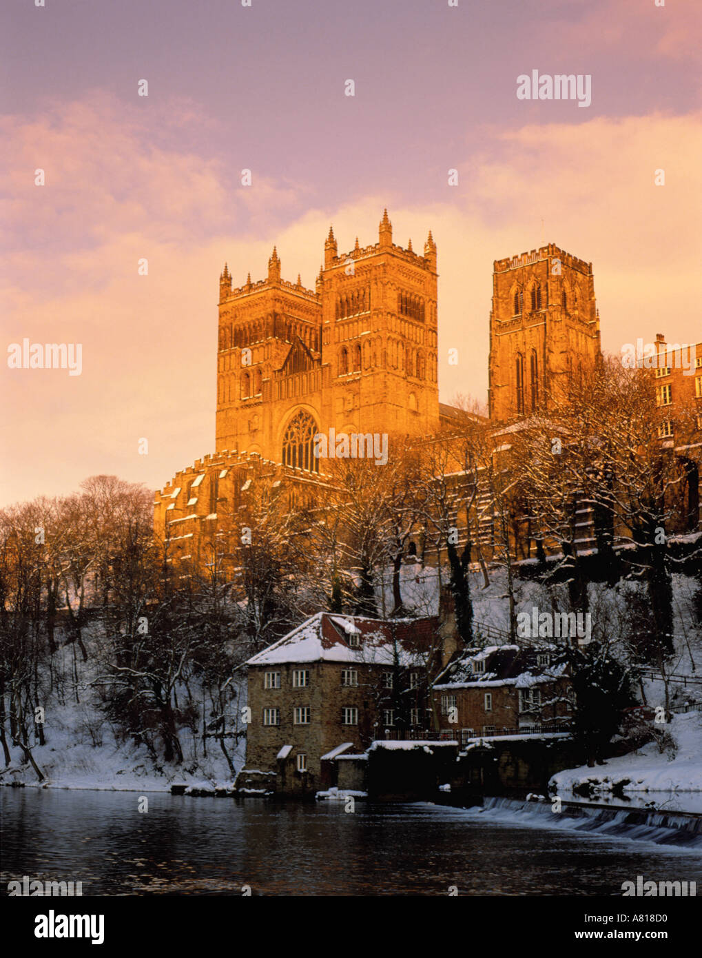 Picturesque medieval Durham Cathedral seen over River Wear in winter ...