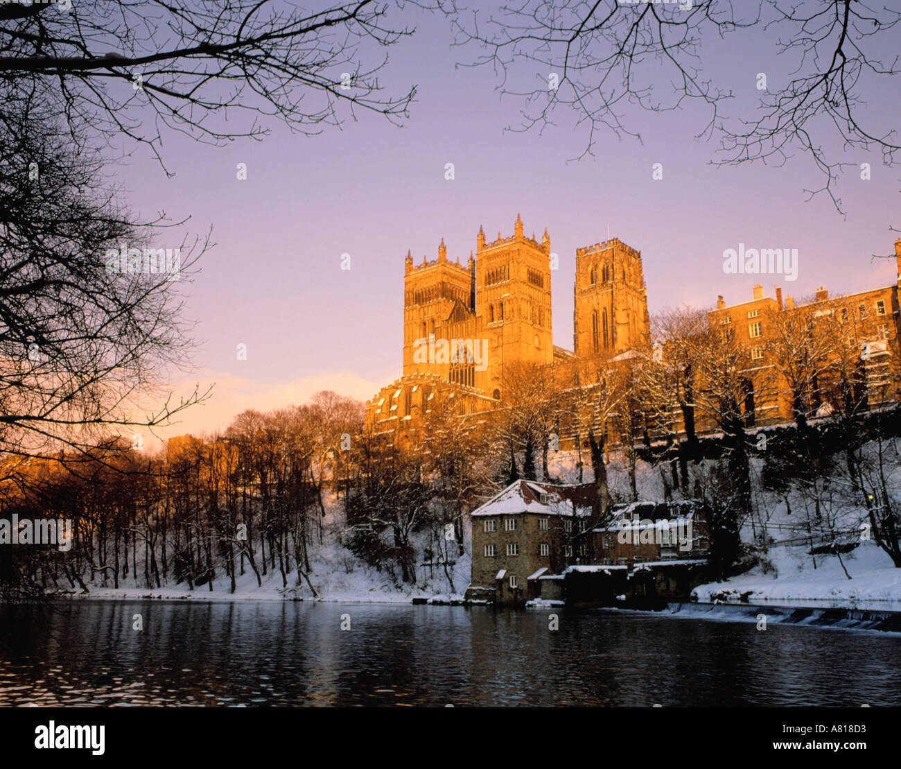 Picturesque medieval Durham Cathedral seen over River Wear in winter ...