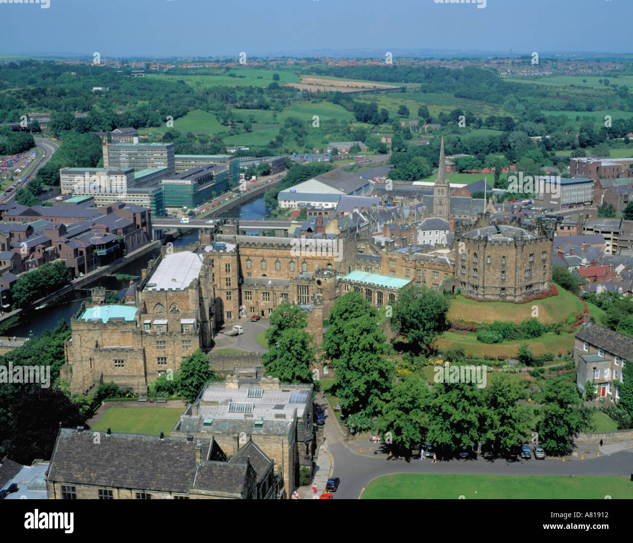 Aerial view over Durham City and Durham Castle from the main tower of ...
