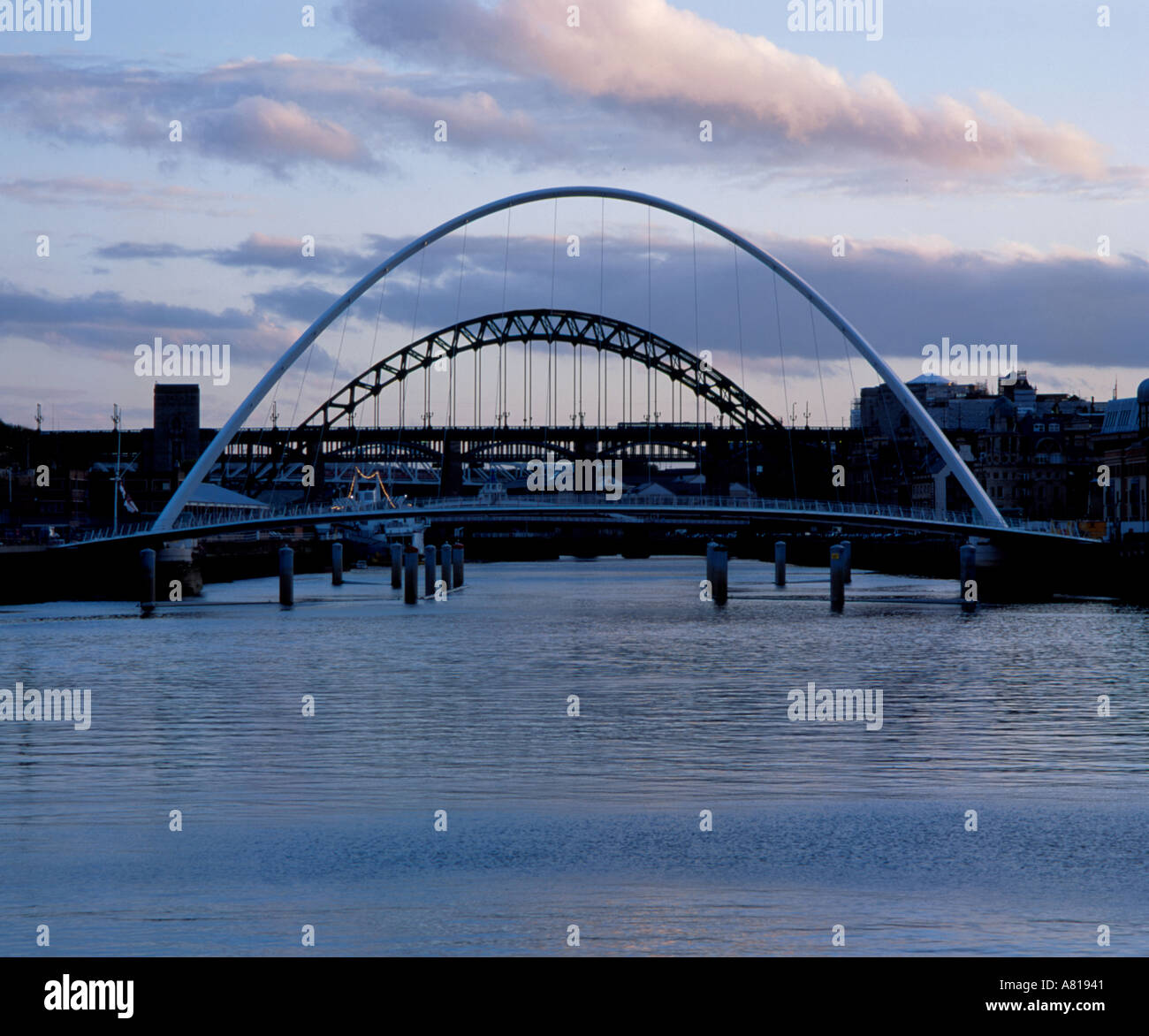 Gateshead Millennium Bridge and Tyne bridges over River Tyne, Newcastle ...