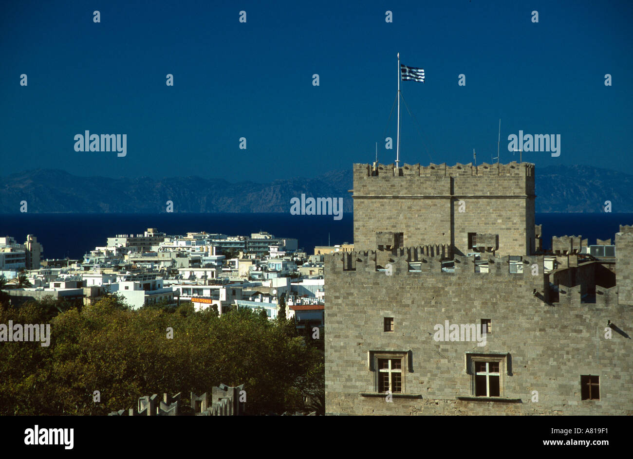 Aerial view of Rodos with Turkish mountains in background Rhodes Greece ...