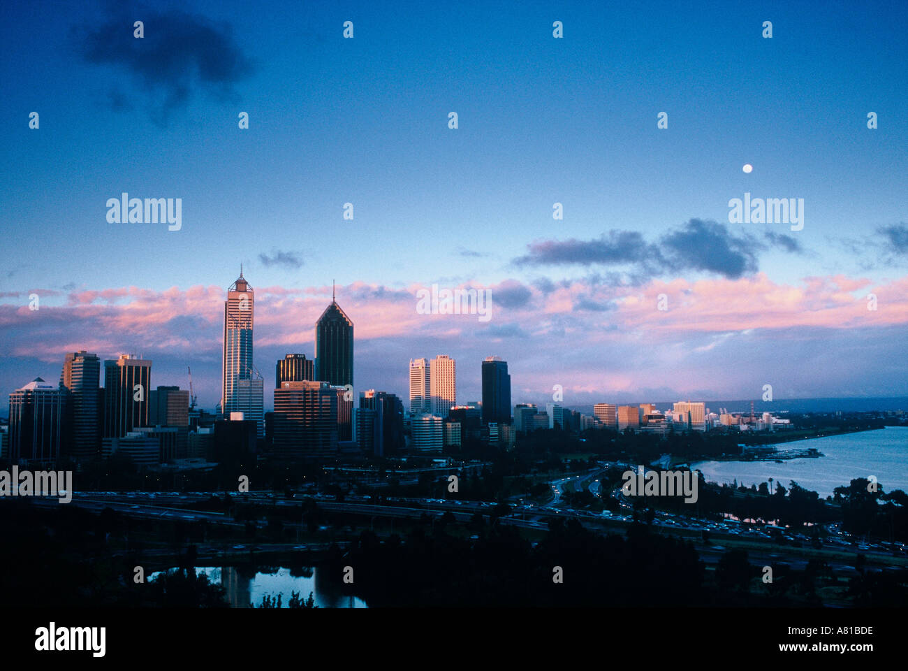 Perth skyline with moon Stock Photo - Alamy