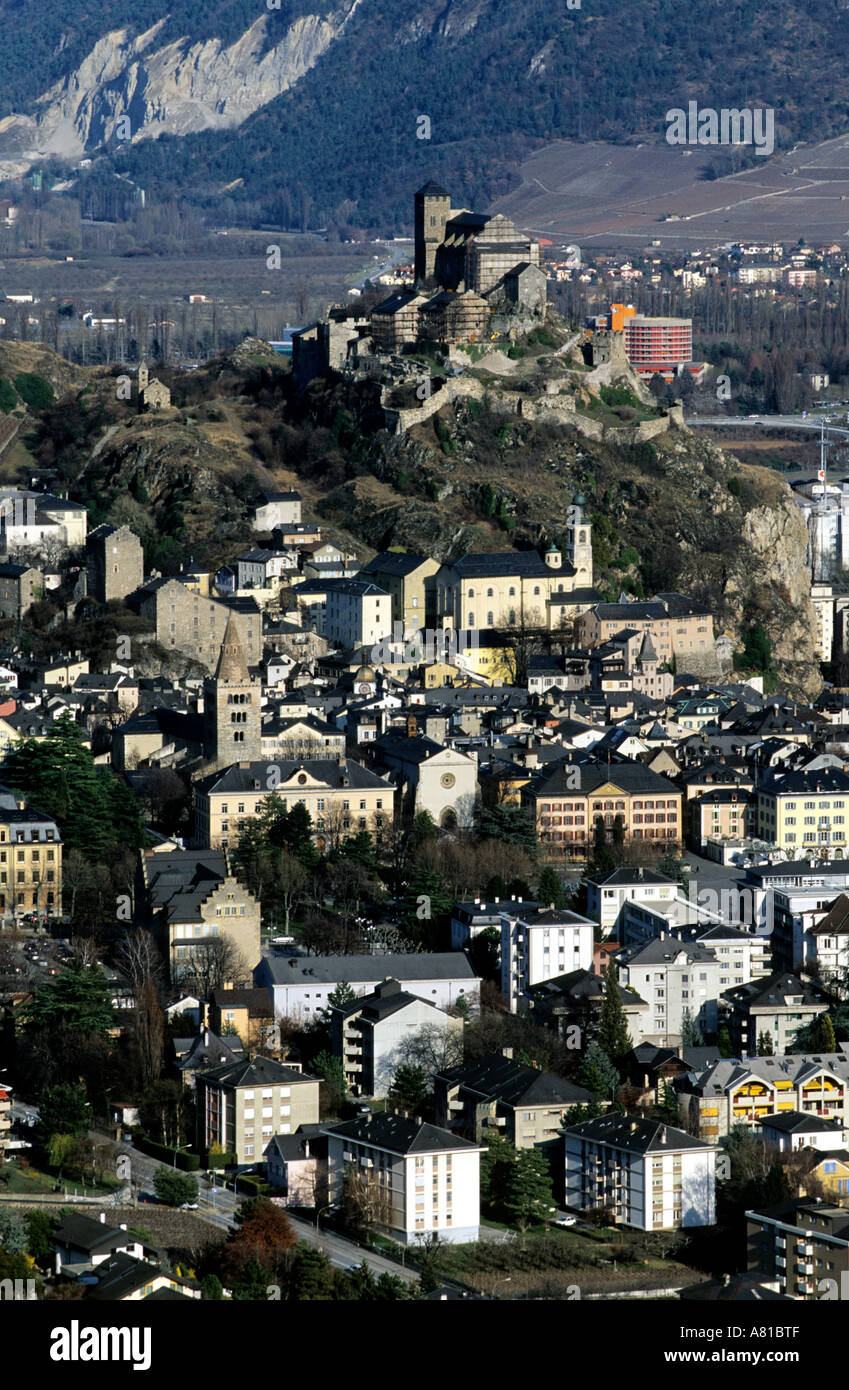 Switzerland, Valais region, Alps, Sion city dominated by Valere castle ...