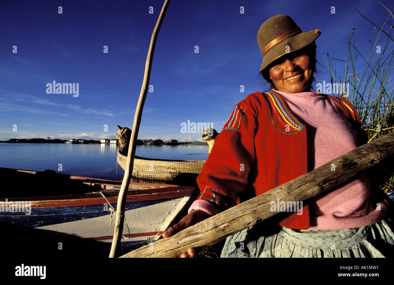 Peru, Puno Department, Lake Titicaca, Uros Indians living on floating ...